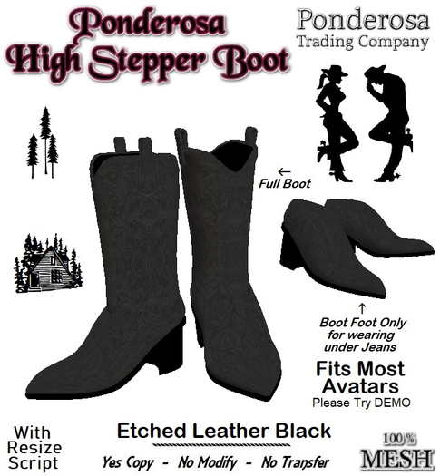 Second Life Marketplace - High Stepper Boot [MESH] Etched Leather Black